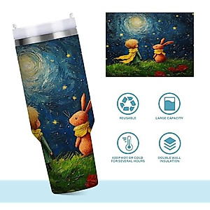 Little Red Rabbit Starry Blue Travel Coffee Tumbler, Stainless Steel Cup, Tumbler with Lid and Straw