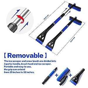 VARGTR Ice Scraper with Brush for Car Windshield,3 in 1 Ice Scrapers for Car Windshield,32" Ice Scraper Grip 360° Degree Rotation,Extendable Snow Removal Tool with Ergonomic Foam Grip (Blue)