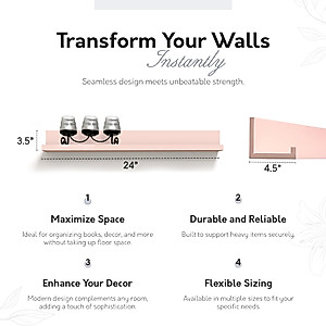 InPlace Pink Picture Ledge Shelf, 24" W x 4.5" D x 3.5" H, 9605012E