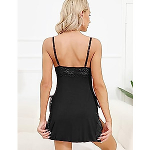 Queenfox Lingerie for Women Sexy Nightgowns Lace Modal Babydoll Chemise V-Neck Side Slit Sleepwear Soft Sleep Dress Black L