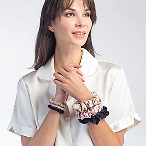 Fishers Finery 25 Momme Pure Mulberry Silk Skinny Scrunchies | Hair Tie Set for Thin Hair (Black|Pink|Champagne- 6 Pk)