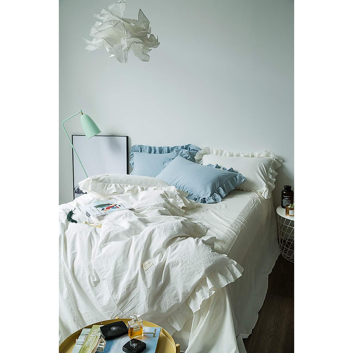 4 Pieces Vintage Stone Washed Cotton Bedding Sets Girls Princess Ruffle Duvet Cover Pillowcases Full Queen Size Bed Sheets White/Pink/Sage Green/Grey (41YS-1-White, Queen Size 4pcs)