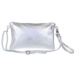 Girly HandBags Womens Genuine Italian Metallic Leather Clutch Bag Silver