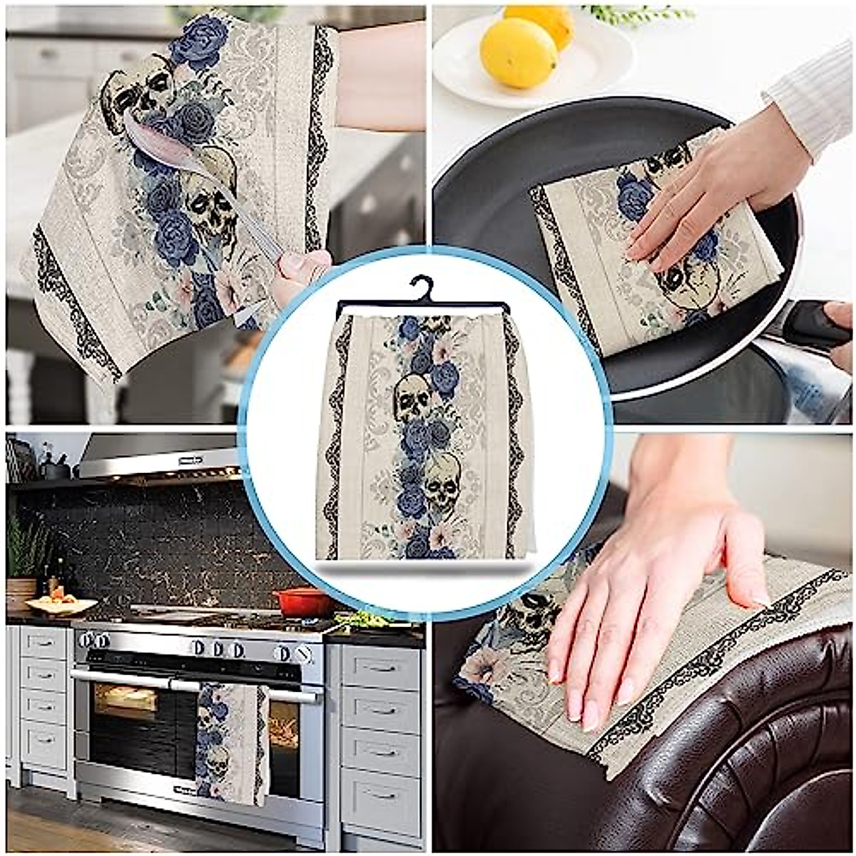 Chees D Zone Halloween Gothic Skeletons Eucalyptus Leaves Kitchen Towels Dish Cloth Towel Absorbent Hand Towel Cleaning Cloth,Scary Skull Retro Linen Dishcloth Quick Drying for Dishes Counter 1 Pack