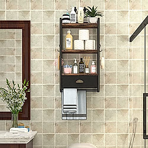 JZM Bathroom Storage Organizer Wall Mounted, 3 Tier Bathroom Towel Rack Shelf with Storage Drawer Double Towel Bars and Hooks, Industrial Bathroom Shelves Over Toilet, Rustic Black and Brown (A)