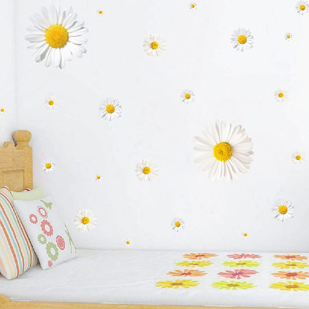 Toyvian Daisy Flower Wall Stickers 3D Removable Flowers Decal Floral DIY Mural for Nursery Bedroom Living Room Bathroom Kitchen Decoration