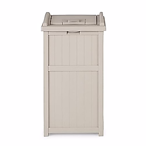Suncast 33 Gallon Hideaway Trash Can for Patio - Resin Outdoor Trash with Lid - Use in Backyard, Deck, or Patio - Taupe