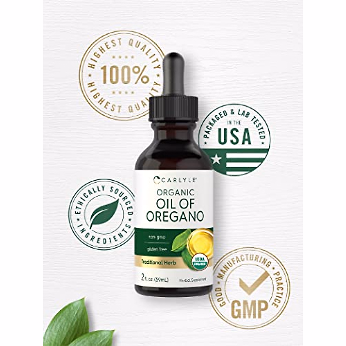 Carlyle Organic Oil of Oregano | 2 fl oz Liquid | Vegan, USDA Certified | Non-GMO, Gluten Free Drops
