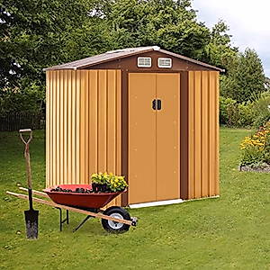 Patiomore 4×6 FT Outdoor Storage Shed Tool House Garden Steel Shed Walk-in Yellow 4x6FT