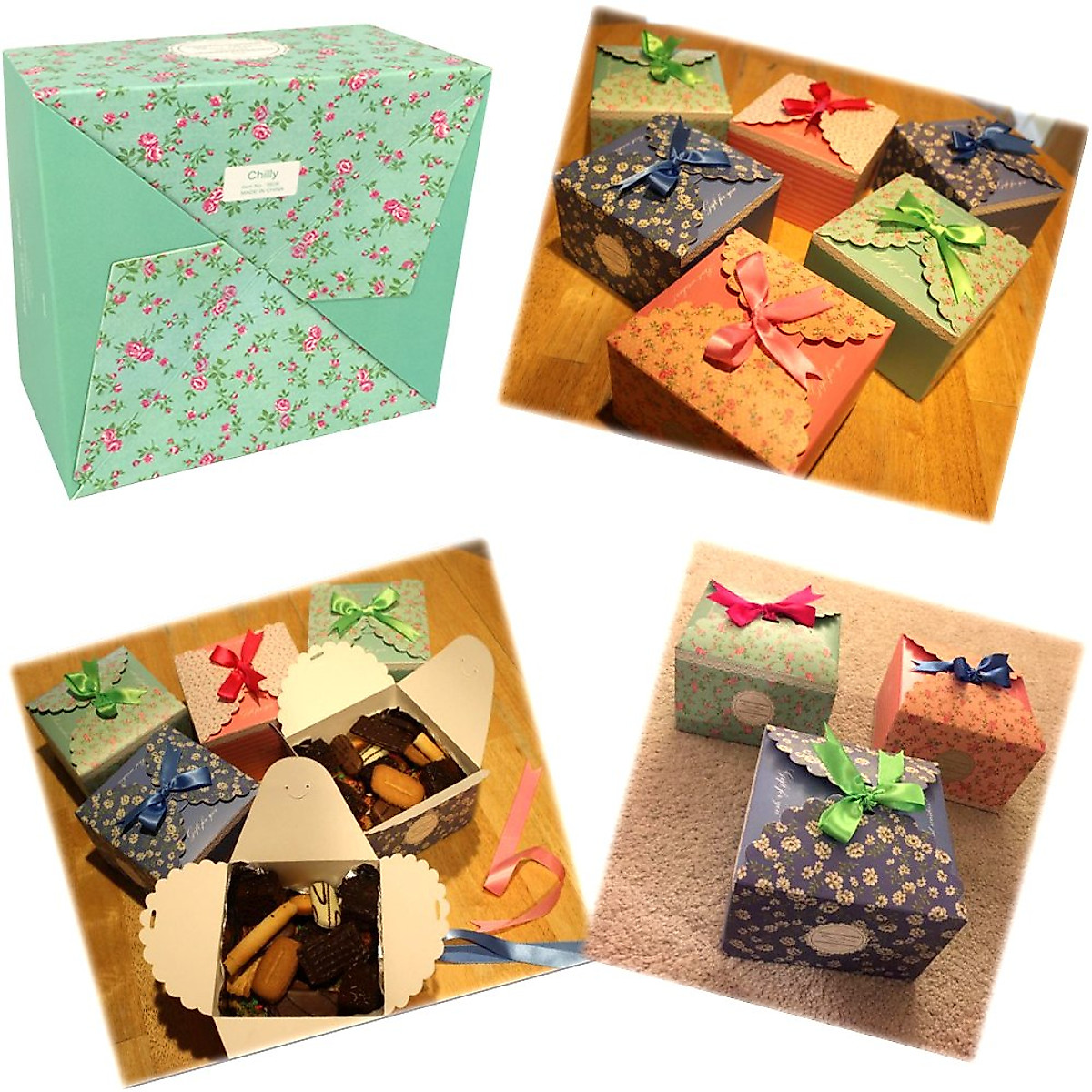 Chilly Gift Treat Boxes 20 Pack Gift Boxes with Ribbons for Cake, Cookies, Goodies, Candy, Handmade Bath Bombs Shower Soaps for Party, Christmas, Birthdays, Weddings (Flower Patterned)