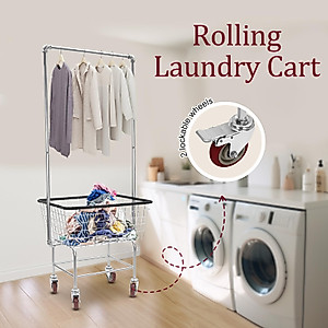 Wire Laundry Cart with Hanging Rack, Wire Laundry Basket With Wheels 27''x22''x67'', Commercial Wire Laundry Basket Cart With drying rod, Galvanized Steel Frame with 5'' Casters, Wire Basket Cart