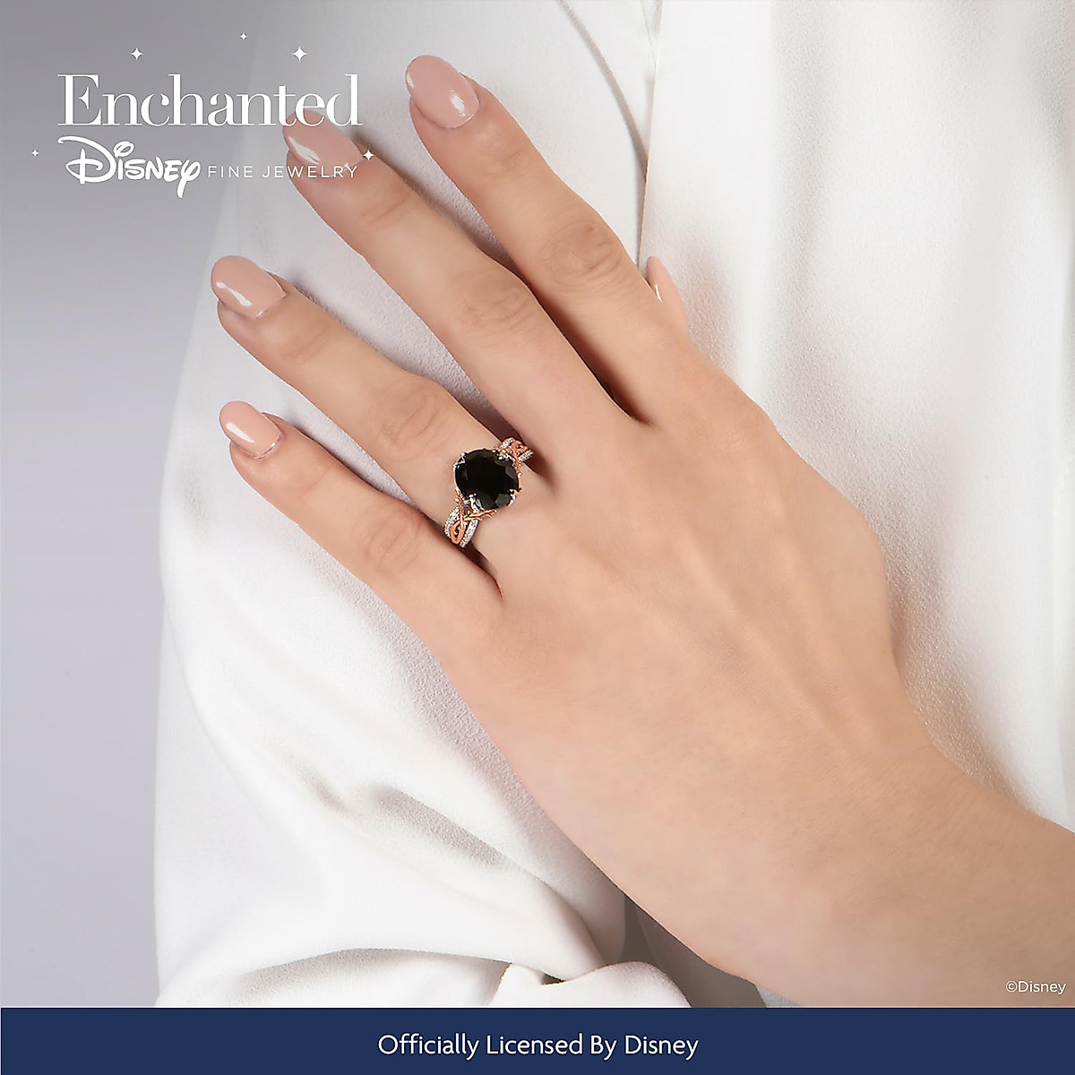 Jewelili Enchanted Disney Fine Jewelry Sterling Silver and 10k Rose Gold 1/10 Cttw Diamond and Black Onyx Maleficent Ring Size 6