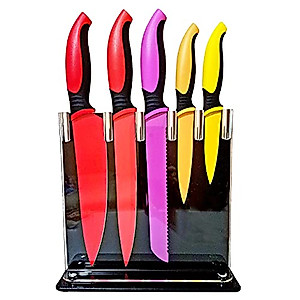 Kitchenson High Carbon Stainless Steel Fancy Colorful Knife Set with Protective - Lucrative Acrylic Stand, Pack of 5 Non-Stick Ceramic Coated, Chef, Bread, Carving, and paring Rainbow Kitchen Knives