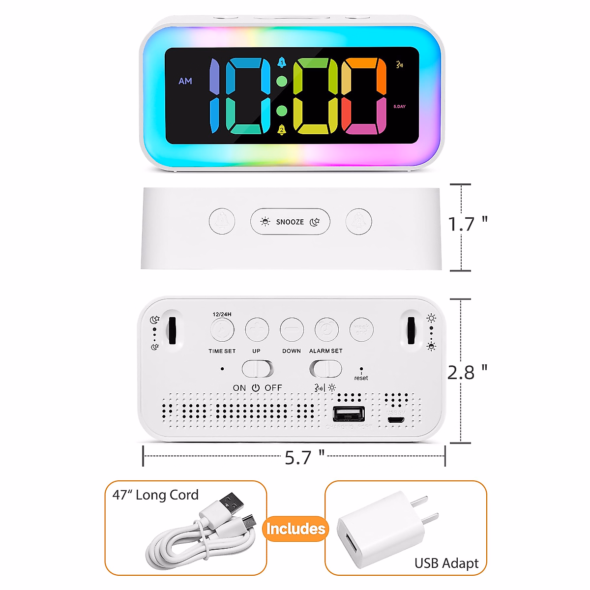 Cadmos Loud Alarm Clock for Bedrooms with Dynamic RGB Night Light,Heavy Sleepers Adults,Dual Alarm,Dimmer,USB Charger,Small Bedside Digital Clock with Led Display for Kids,Teens,Seniors (White)