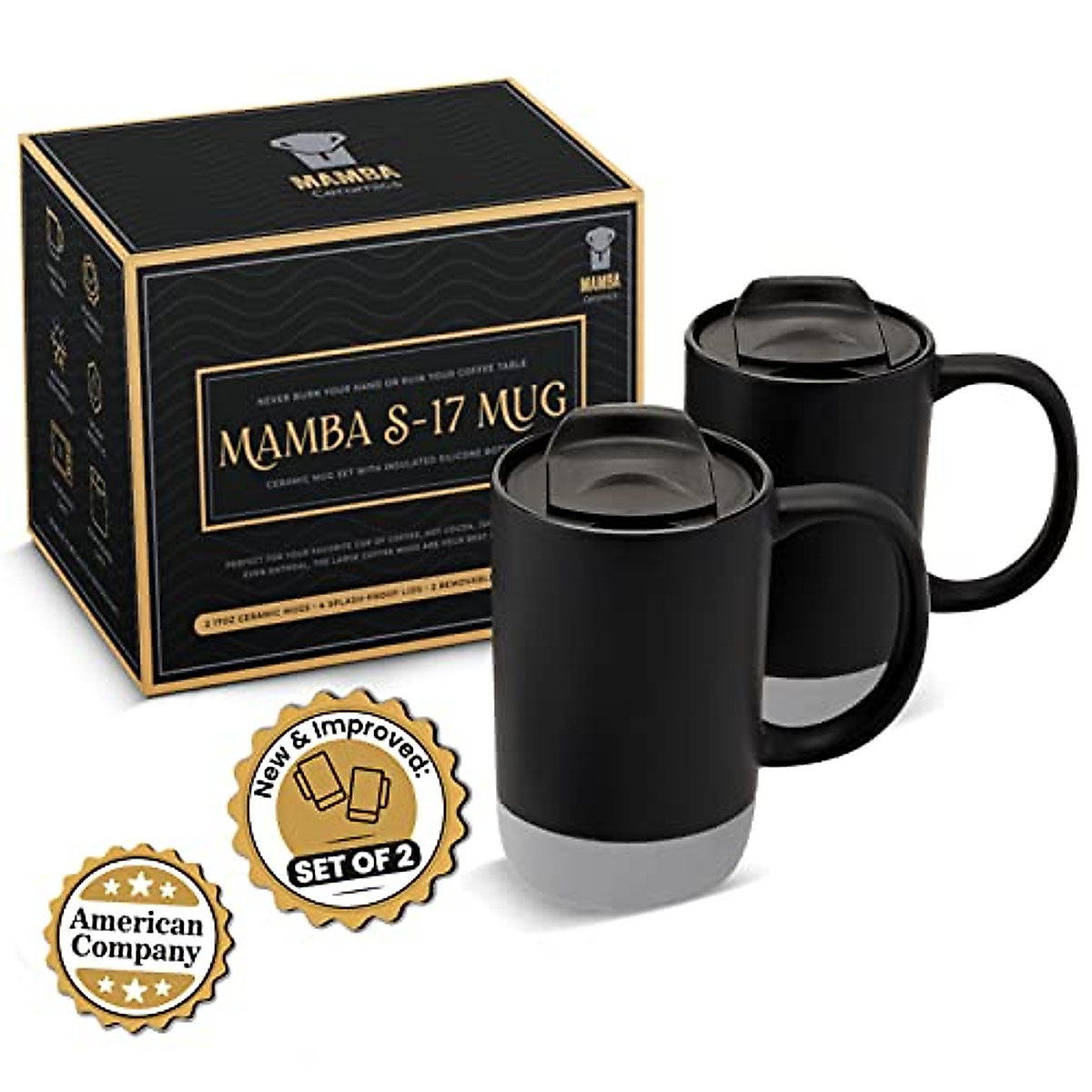 Extra Large Ceramic Coffee Mug w/Lid and Removable Silicone Base - 17 ounce Slideproof Coffee Cups w/Handle and Sip and Cover Lid - Set of 2 Dishwasher Safe Ceramic Travel Mugs - Reusable Black Cup