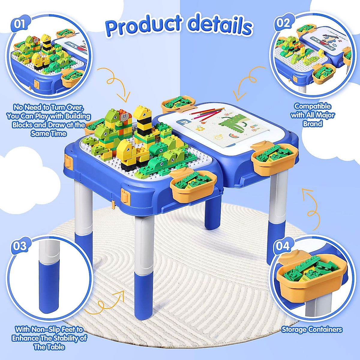 fygurso Toddler Table and Chair Set, Water/Sand Sensory Rideable Building Block Kids Table and Chairs with 90 Pcs Compatible Large Bricks, Kids Activity Table with Storage, STEM Toys for Kids Ages 3+