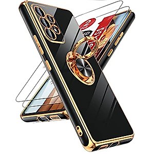 LeYi for Galaxy A53 5G Phone Case: with Tempered Glass Screen Protector [2 Pack] 360° Rotatable Ring Holder Magnetic Kickstand, Plating Rose Gold Edge Protective Case, Black