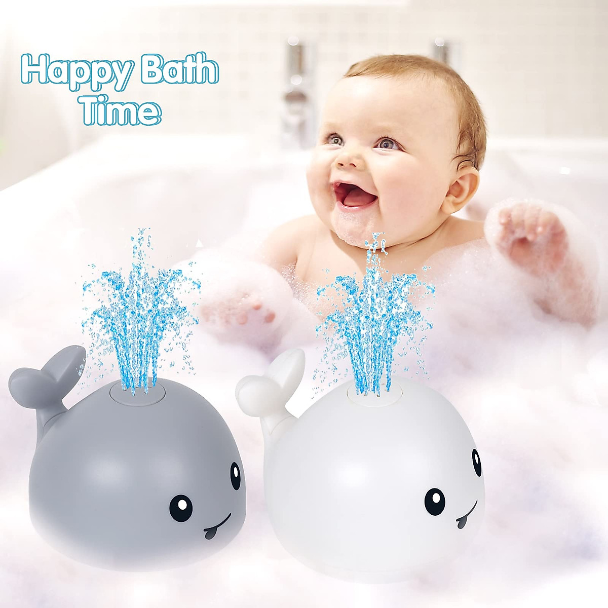 AOLIGE Baby Light Up Bath Toys for Kids （2pcs） Whale Bath Toy Sprinkler Induction Sprinkler Bathtub Toys (2PCS White & Grey Whale)