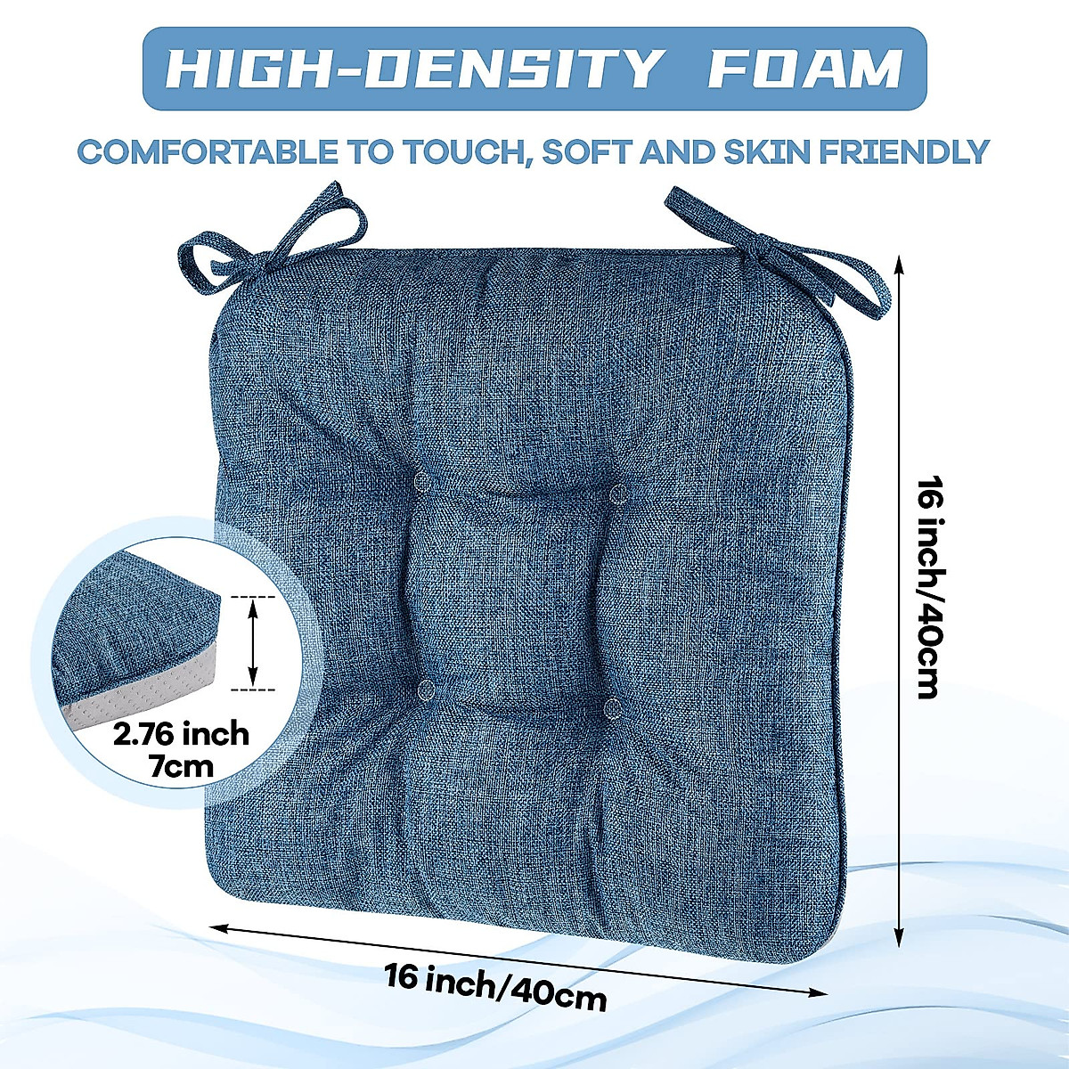 8 Pack Indoor Chair Cushions for Dining Chairs Kitchen Chair Pad with Ties Tufted Overstuffed Memory Foam Textured Chair Cushions Non Slip Backing Chair Seat Cushions, 15.5 x 15.5 Inches, Blue
