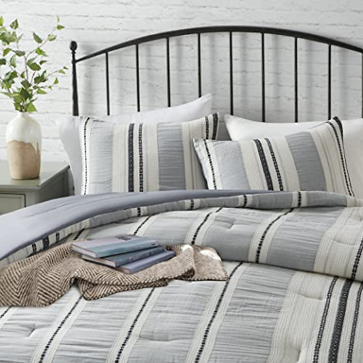 Hyde Lane Tahoe Farmhouse Bedding Set ,Blue Modern King Size Comforter,Cotton Top with Neutral Rustic Style Stripes, Boho Bedroom Bed Sets,3-Pieces Including Matching Pillow Shams(104x90 Inches)