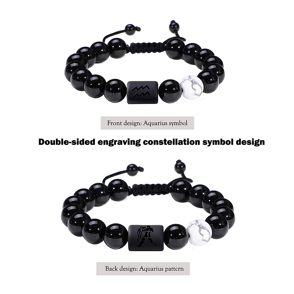 Zodiac Bracelet for Couple 8mm 10mm Natural Black Onyx Stone Star Sign Constellation Distance Friendship Prayer Blessing Bracelet Gifts Men Women Size adjustable (Men 10mm beads,Aquarius)