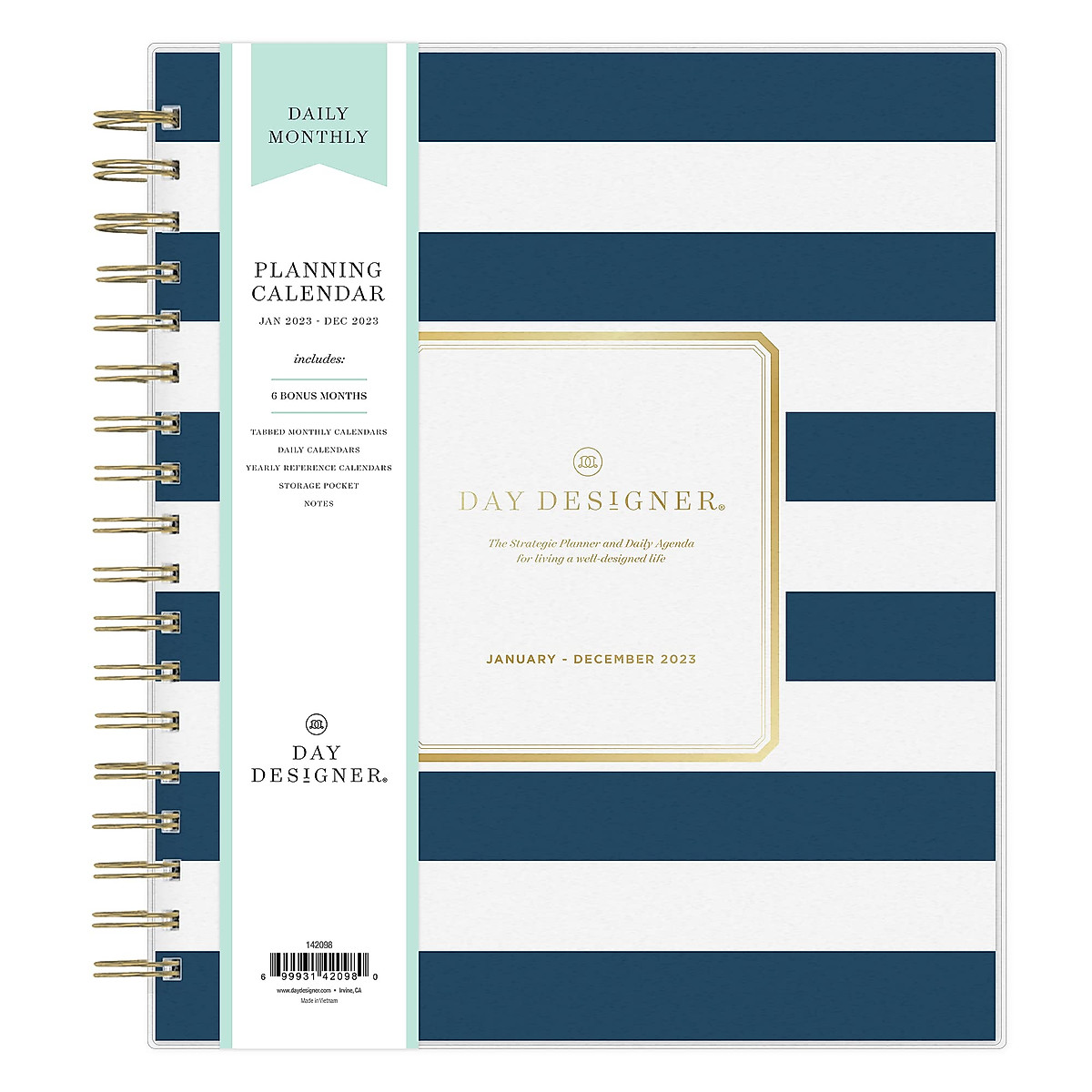 Day Designer for Blue Sky 2023 Daily and Monthly Planner, 8" x 10", Frosted Cover, Wirebound, Navy Stripe (142098)
