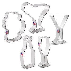 Drinks and Cocktails Cookie Cutters 5-Pc. Set Made in the USA by Ann Clark, Beer Bottle, Beer Stein, Margarita Glass, Champagne Glass, and Martini Glass