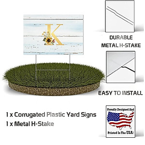 Floral Monogram Letter Golden Letter K Sunflower Lawn Yard Signs Alphabet Letter Corrugated Plastic Sign for Garage Sales Rent Open House Construction 12"x18"
