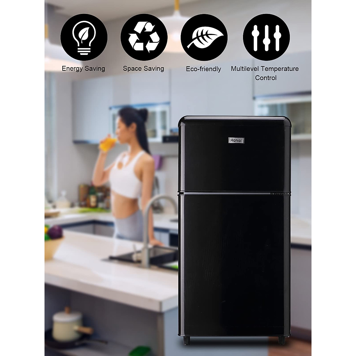 WANAI Compact Refrigerator 3.5 Cu.Ft Retro Black Fridge With Freezer 2 Door Mini Refrigerator with 7 TEMP Modes, LED Lights, Removable Shelves, Ideal for Apartment Dorm and Office, Black
