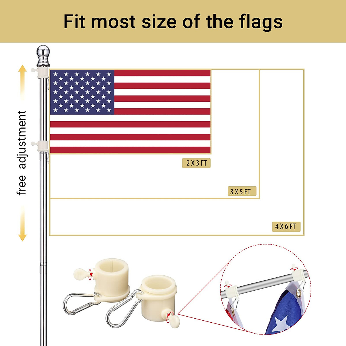 Ground Flag Poles for Outside House - 1" Tangle Free Flag Pole for House with 5 Prong - 9ft Yard Flag Stand for Outdoor,Wind Resistant & Rustproof - Silver