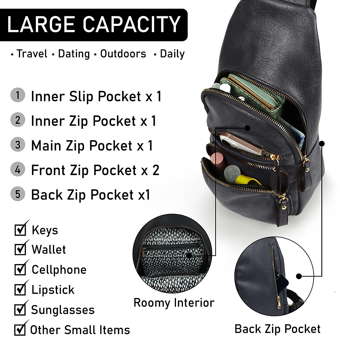 EMPERIA Faux Leather Small Sling Backpack Multipurpose Chest Bag Hiking Travel Daypack Rushsack Outdoor Black