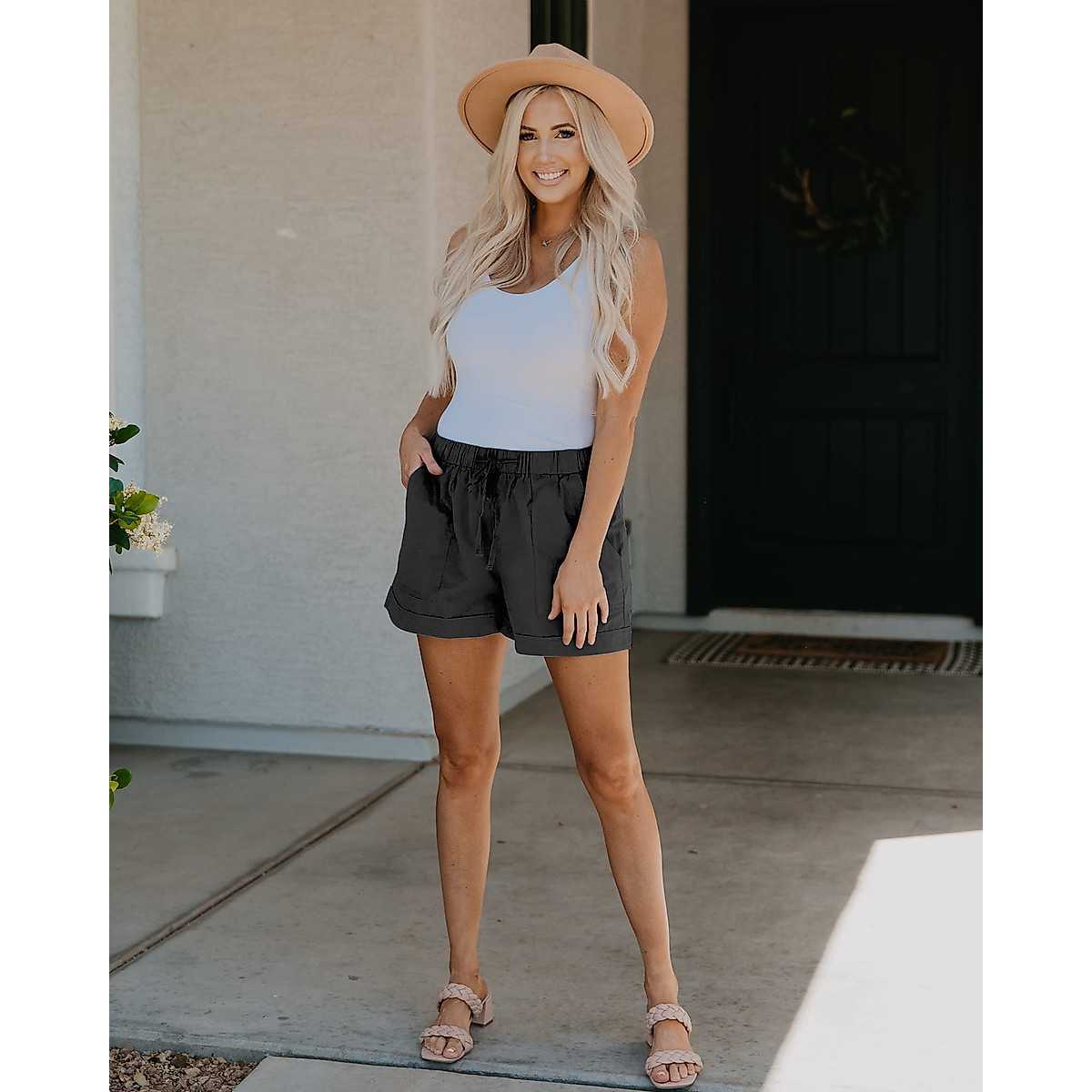 BTFBM Women Casual Shorts Plain Solid Color Elastic Waist Drawstring Summer Beach Lightweight Soft Short Lounge Pants(Solid Black, Large)