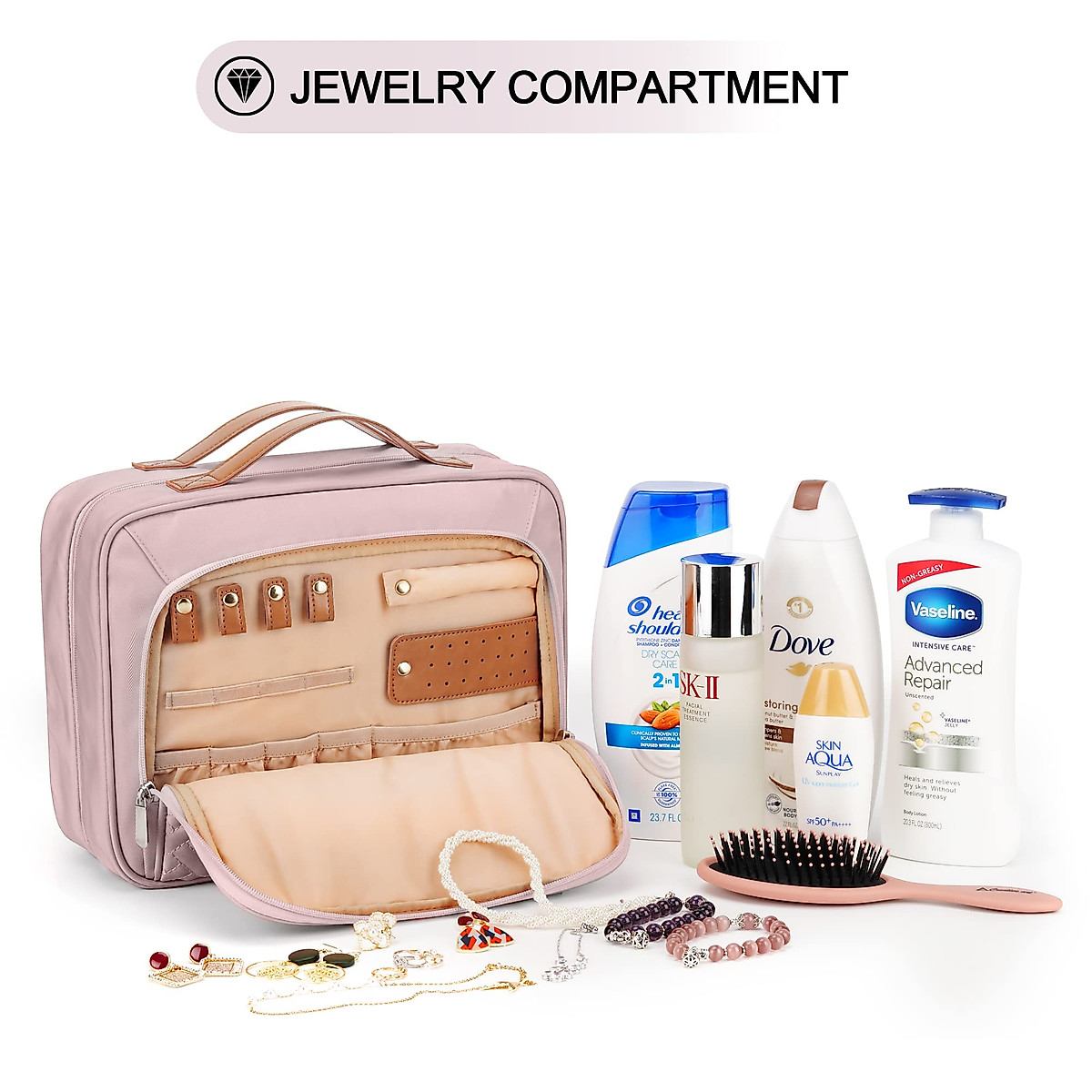 Travel Hanging Toiletry Bag for Women, Extra Large Makeup Bag, Holds Full-Size Shampoo, with Jewelry Organizer Compartment, Waterproof Cosmetic Bag, Toiletries Kit Set with Trolley Belt, Baby Pink