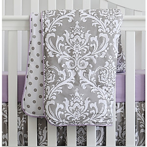 3 pcs Set Boho Floral Ruffle Baby Minky Blanket Baby Nursery Crib Skirt Set Baby Girl Crib Bedding (Grey Purple)