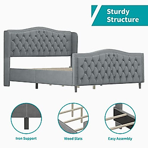 BALUS King Wingback Bed Frame with Headboard,Upholstered Platform Bed Frame Dutch Velvet Upholstered Bed，Modern Design，Available in 3 Sizes and 3 Colors Panel Bed Frame (Silver Gray)