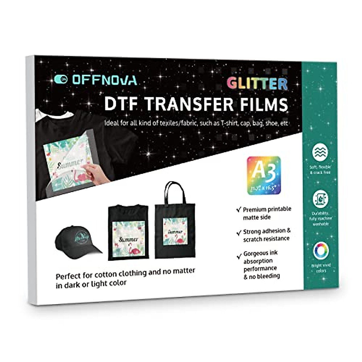 OFFNOVA Glitter DTF Transfer Film, 11.7" x 16.5"- 30 Sheets A3 PET Heat Transfer Paper Direct to Film Printing for All Fabrics and Color T-Shirts Textile