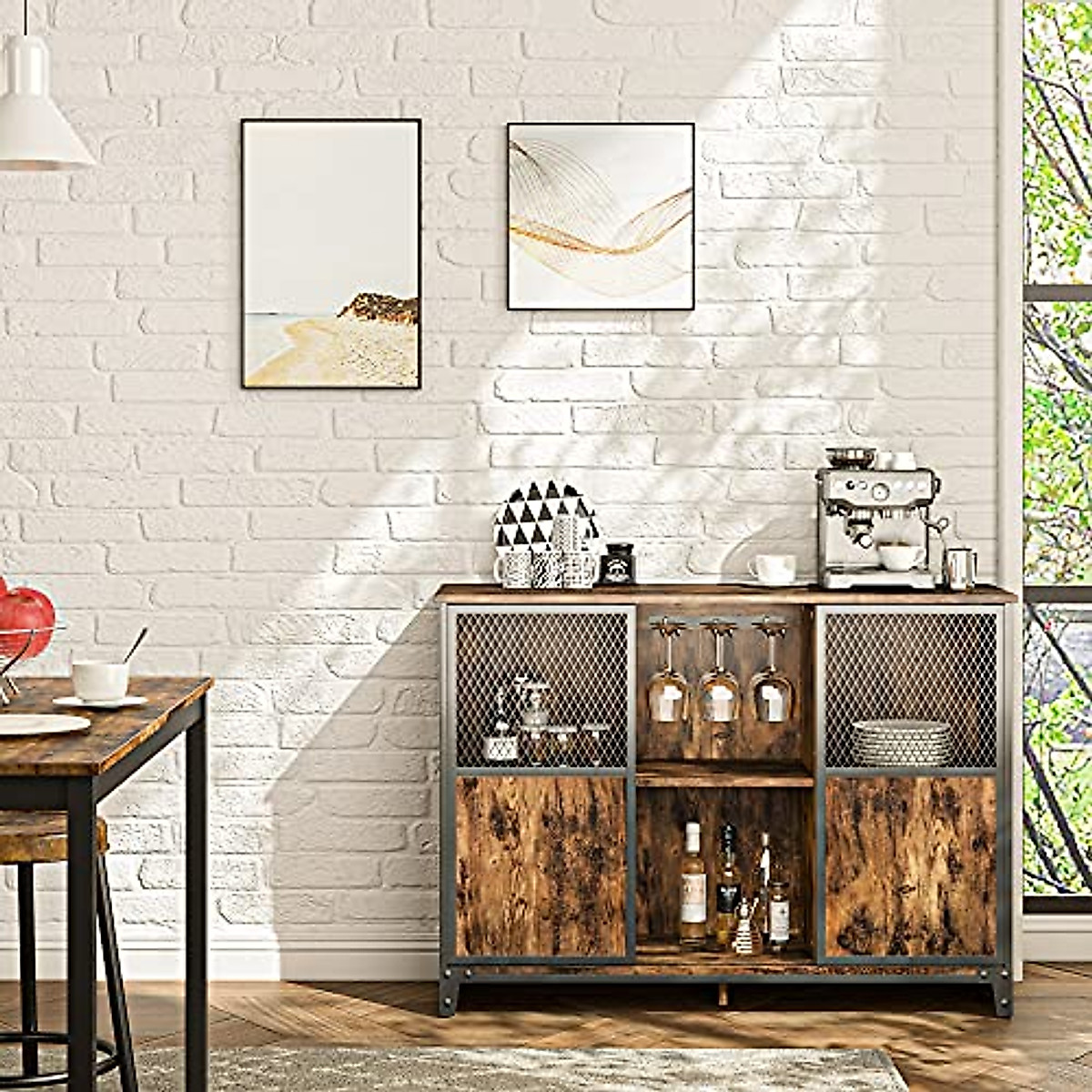 Bestier Bar Cabinets for Liquor and Glasses,Wine Cabinet Coffee Bar for Home with Wine Storage Farmhouse Kitchen Sideboard Buffet Cabinet for Dining Room Living Room Basement Rustic Brown