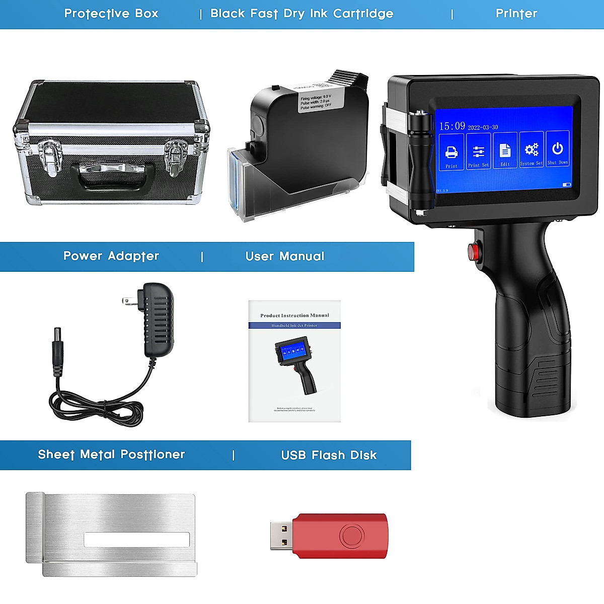 BESHENG Handheld Inkjet Printer JS12H2 Inkjet Coder Printing Height 0.08-1 Inch with Quick-Drying Ink Portable Handheld Printer with 4.3" Touch Screen for Date/Barcode/Label/Logo/QRcode Any Surface