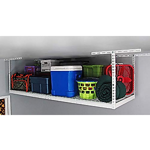 MonsterRax Overhead Garage Storage Rack, 3x8' Heavy Duty Steel, Ceiling Mounted Garage Shelving, Adjustable Hanging Storage Organizer, 500 Pound Capacity, Color: White, Adjusts 12-21" off Ceiling