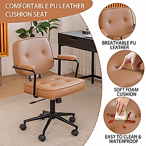 NTailed FOX Mid Century Office Chair, Swivel Desk Chair with Wheels and Arms, Height Adjustable Rolling Chair, Small Leather Office Chair for Adults (Brown)