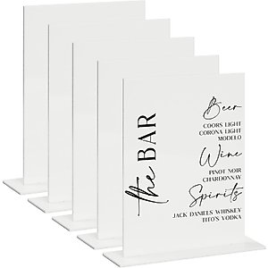 JINMURY 8x10 Inch White Acrylic Sign with Stand | 5 Pack Blank Acrylic Table Signs and Base for DIY Wedding Table Numbers, Wedding Signage, Events& Parties