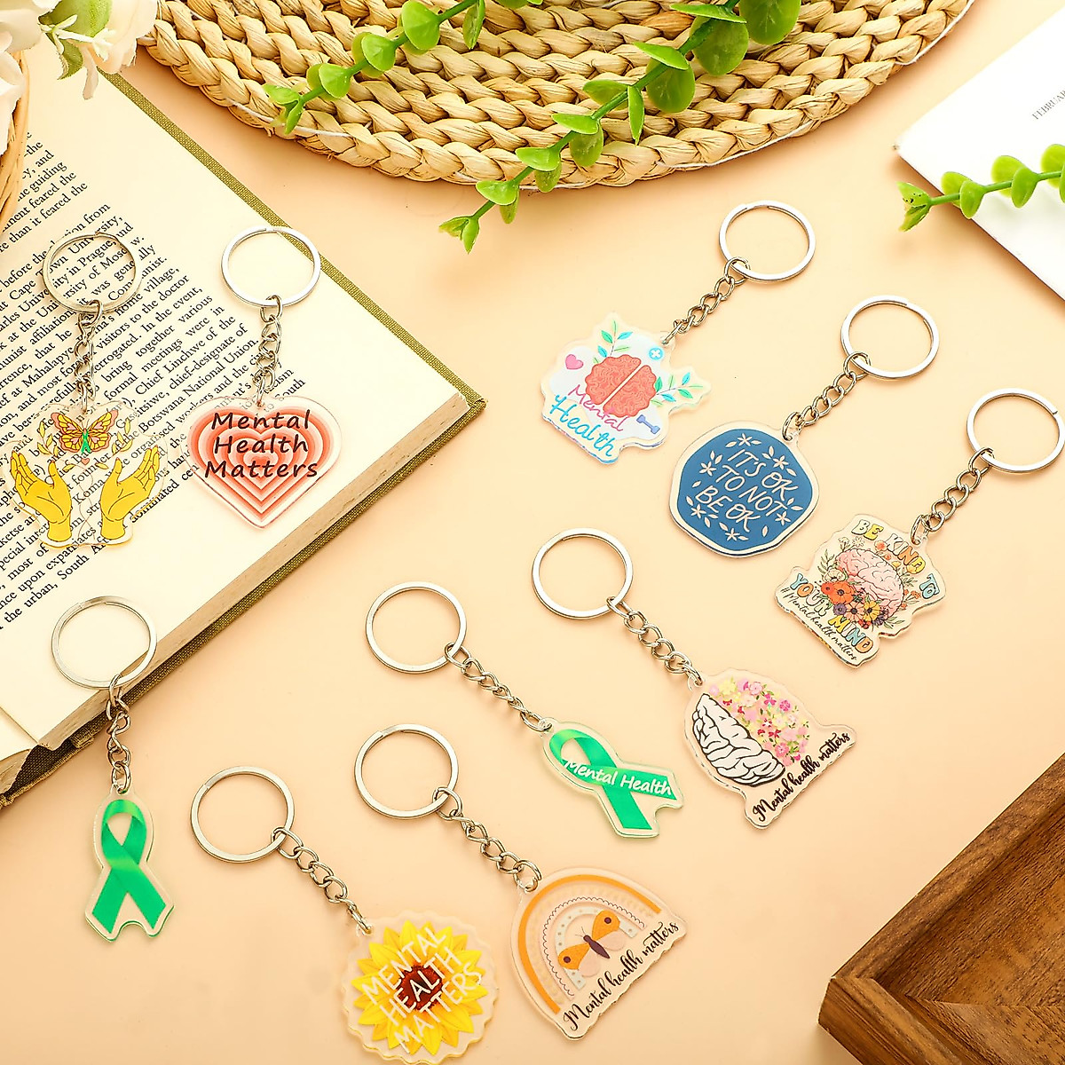 Remuuly 50 Pcs Mental Health Matters Gifts for Women Mental Health Keychain Gifts Acrylic Sunflower Heart Inspirational Key Ring for Women Men (Assorted)