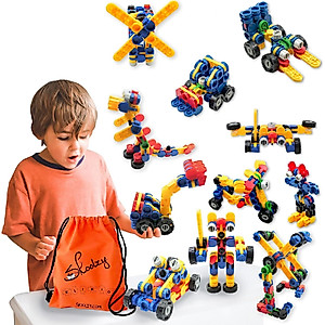Skoolzy Klikio 8 in 1 Construction Building Engineering Toys 98 Piece Kit - STEM Bin Toys for Ages 7+, Includes Storage Bag and Booklet with Building Designs