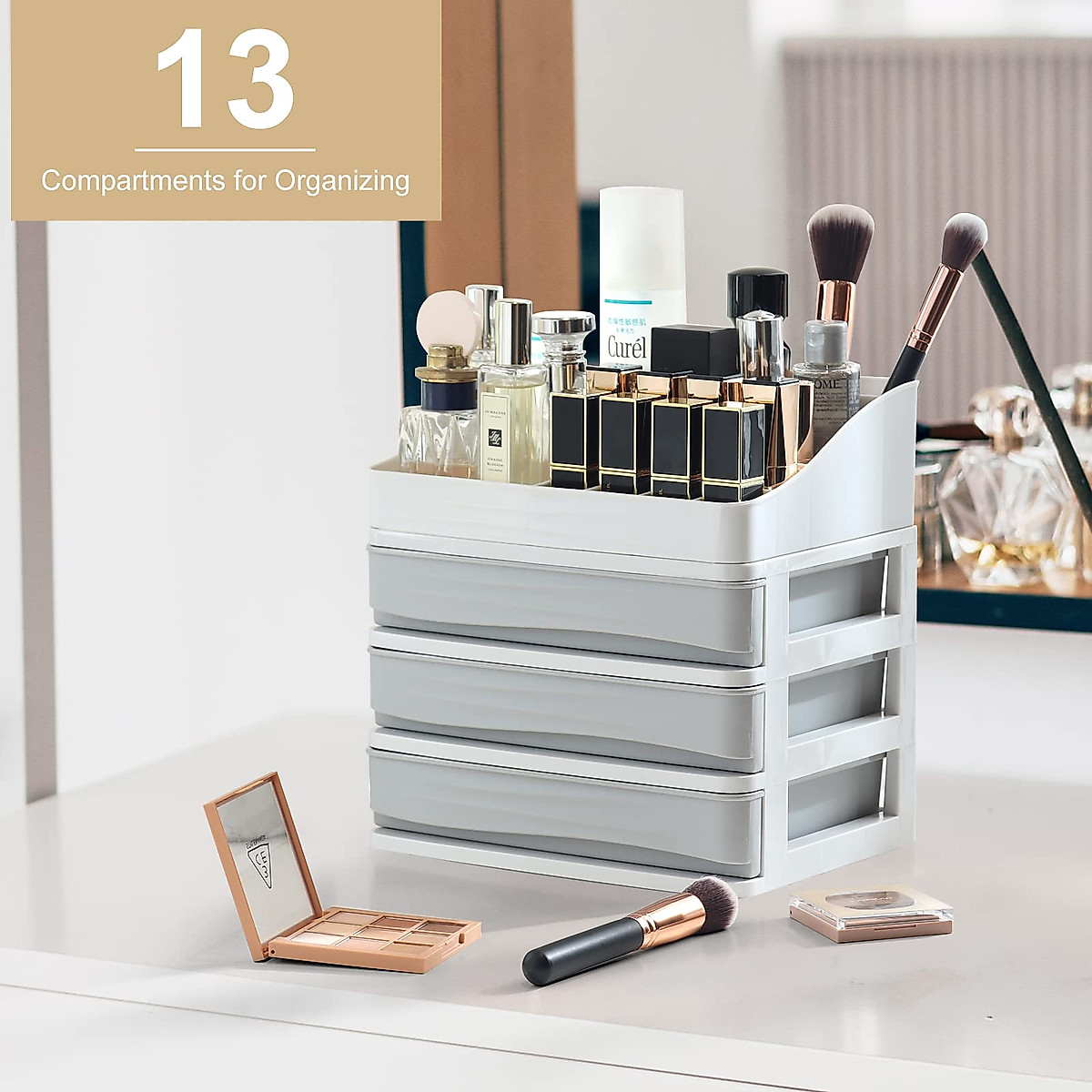 JULY'S SONG Makeup Organizer with Drawers Tray for Cosmetic Storage, Bathroom Countertop Make up Organizers Display Box for Brushes Lipstick Nail