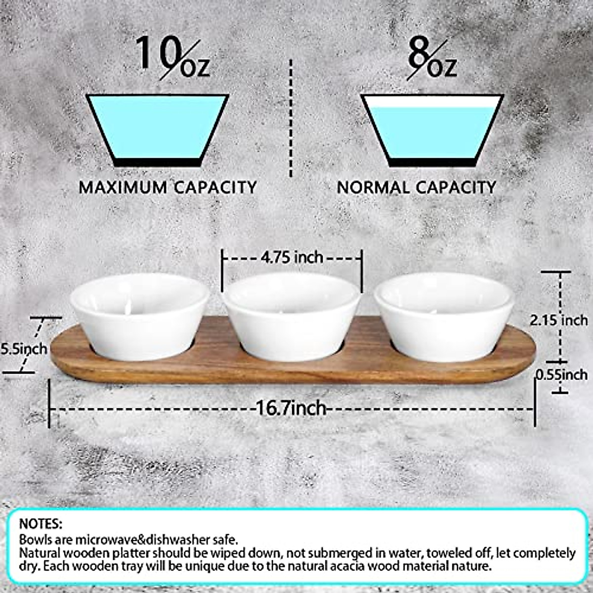 Artena 10oz Ultra-fine Porcelain Chips and dip Serving Platter with Acacia Wooden Tray, 4.75inch White Dipping Bowls,Small Serving Bowls for Condiments, Side Dishes, Pre, Dessert, Salsa, Entertaining