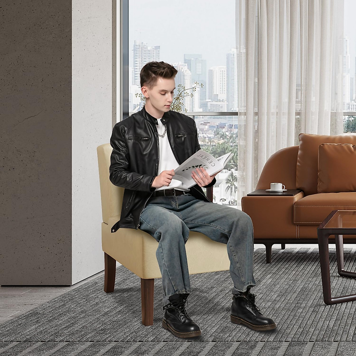 Armless Accent Chairs Upholstered Dining Chairs Living Room Chairs with Solid Wood Legs Leather Reading Chair for Adults Comfy Chair for Bedroom Vanity Kitchen (Beige)