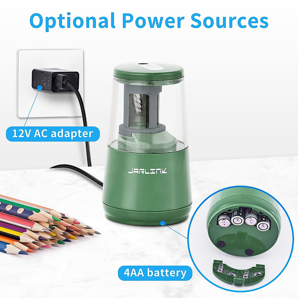 JARLINK Electric Pencil Sharpener, Heavy-Duty Helical Blade to Fast Sharpen, Auto Stop for No.2/Colored Pencils(6-8mm), USB/Battery Operated in School Classroom/Office/Home (Green)