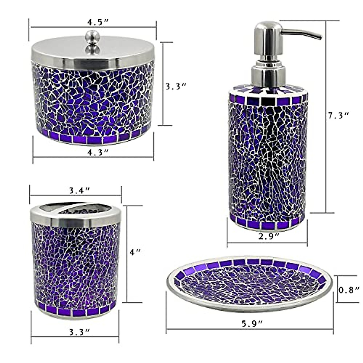LushAccents Bathroom Accessories Set, 5-Piece Decorative Glass Bathroom Accessories Set, Soap Dispenser, Soap Tray, Vanity Tray, Jar, Toothbrush Holder, Elegant Lavender Mosaic Glass