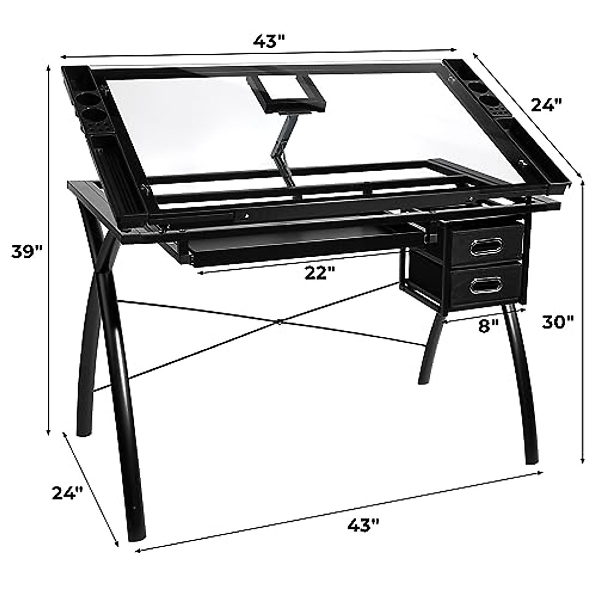 ComfyCorner Drafting Table for Artists, Adjustable Drawing Desk with Tempered Glass Tabletop, Tilting Draft Workstation Table with w/2 Drawers and Tray, Black