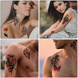 77 Sheets Flowers Temporary Tattoo, 17 Sheets Half Arm Rose Butterfly Snake Skull Fake Tattoos for Adults Arm Neck, 60 Sheets Tiny Realistic Temporary Tattoos Waterproof for Women Girls and Kids